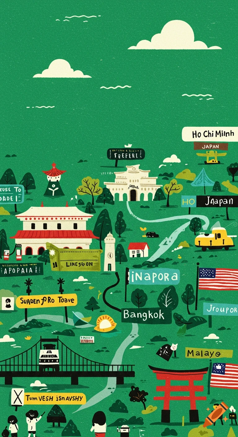 A cute, animated, travel-themed map illustration with a green ...