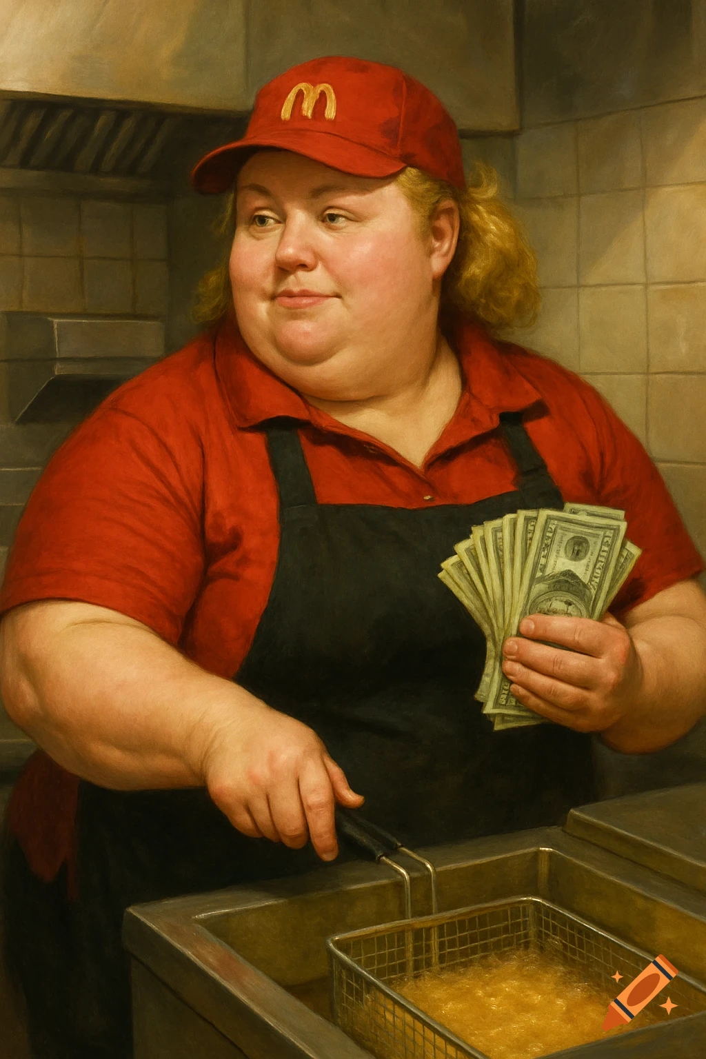 A realistic painting of a blond woman in a red McDonald's uniform ...