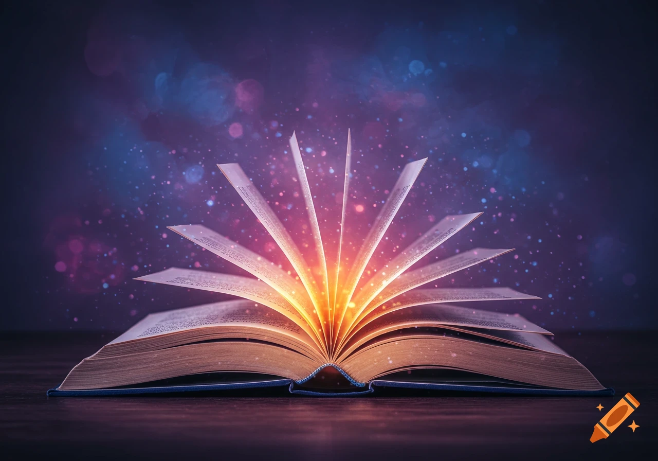 An open book with glowing pages radiating light, surrounded by sparkling bokeh particles against ...