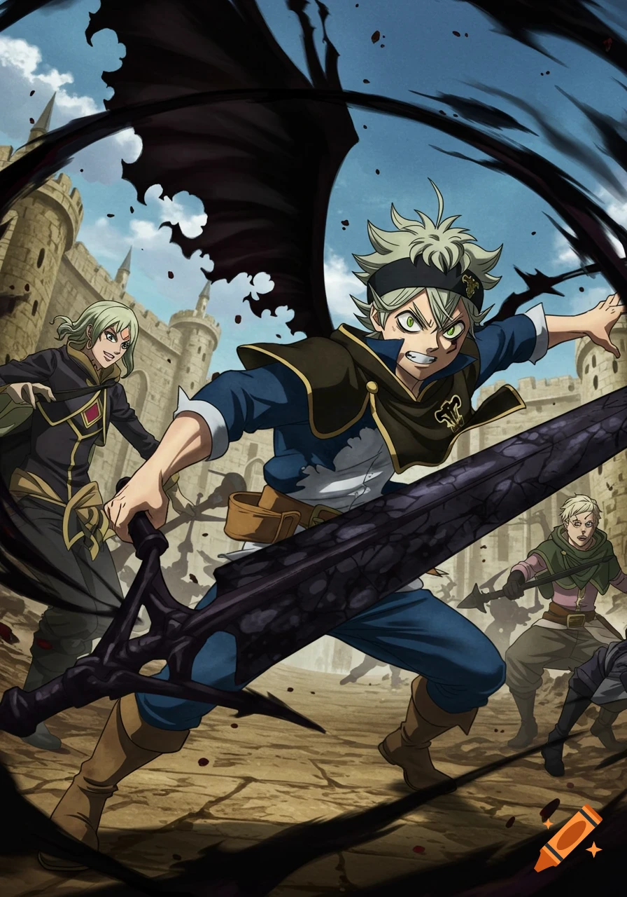 Anime character Asta, wielding a massive black sword and dark energy ...