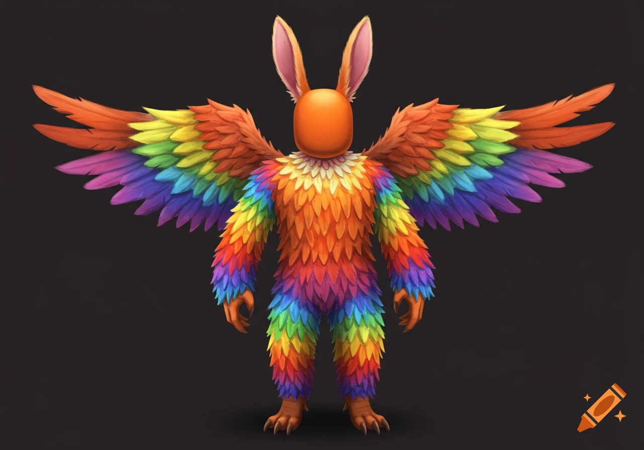 A bipedal humanoid creature with an orange head and rabbit ears ...