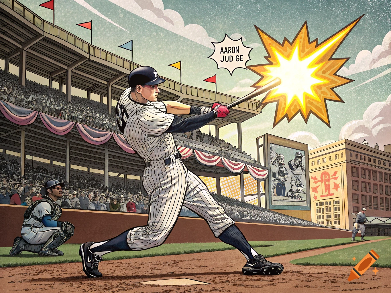 A baseball player in a pinstriped uniform swings a bat, hitting a ball ...