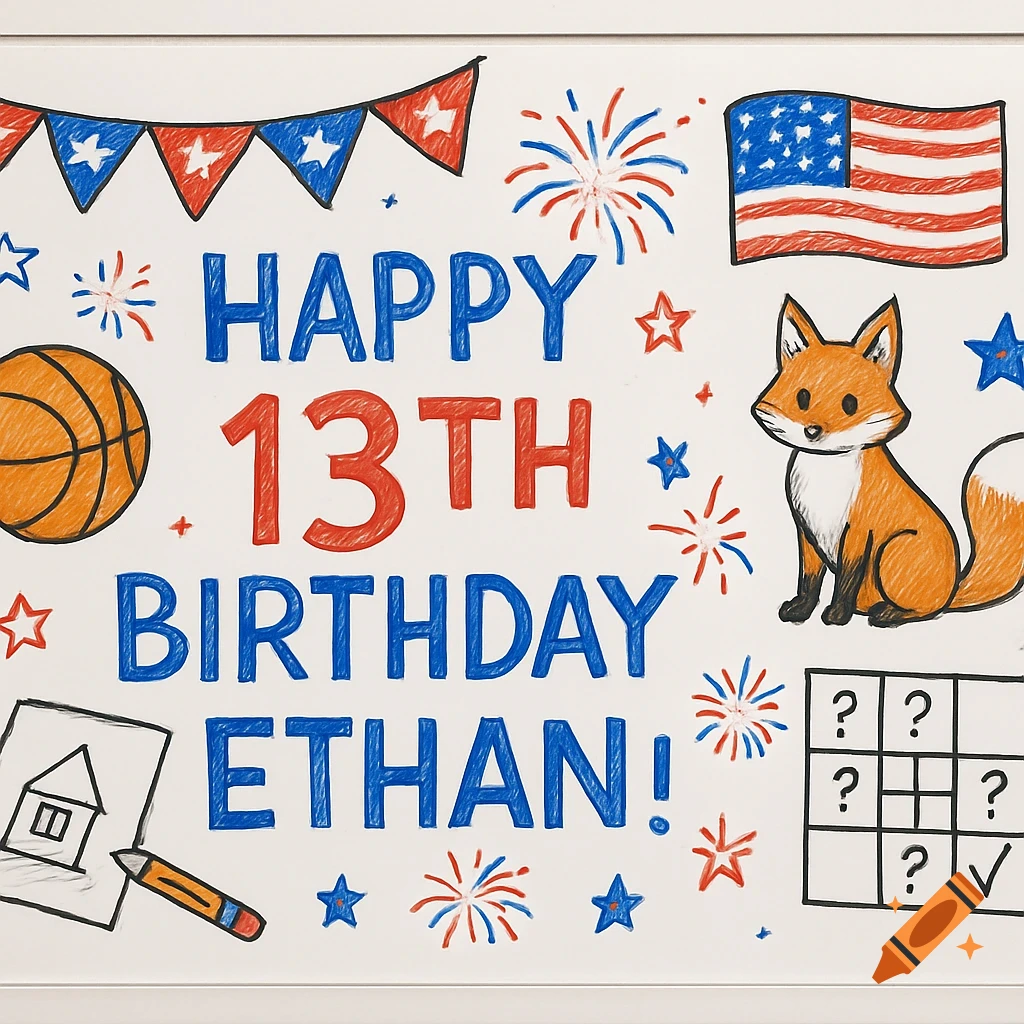 A whiteboard drawing celebrating a 13th birthday with text 'HAPPY 13TH ...