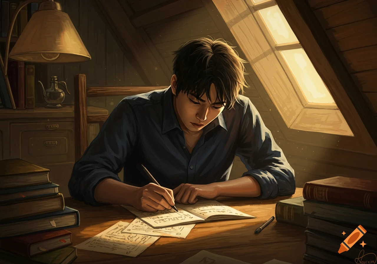 A young man hunched over a wooden desk, writing in a notebook by the ...