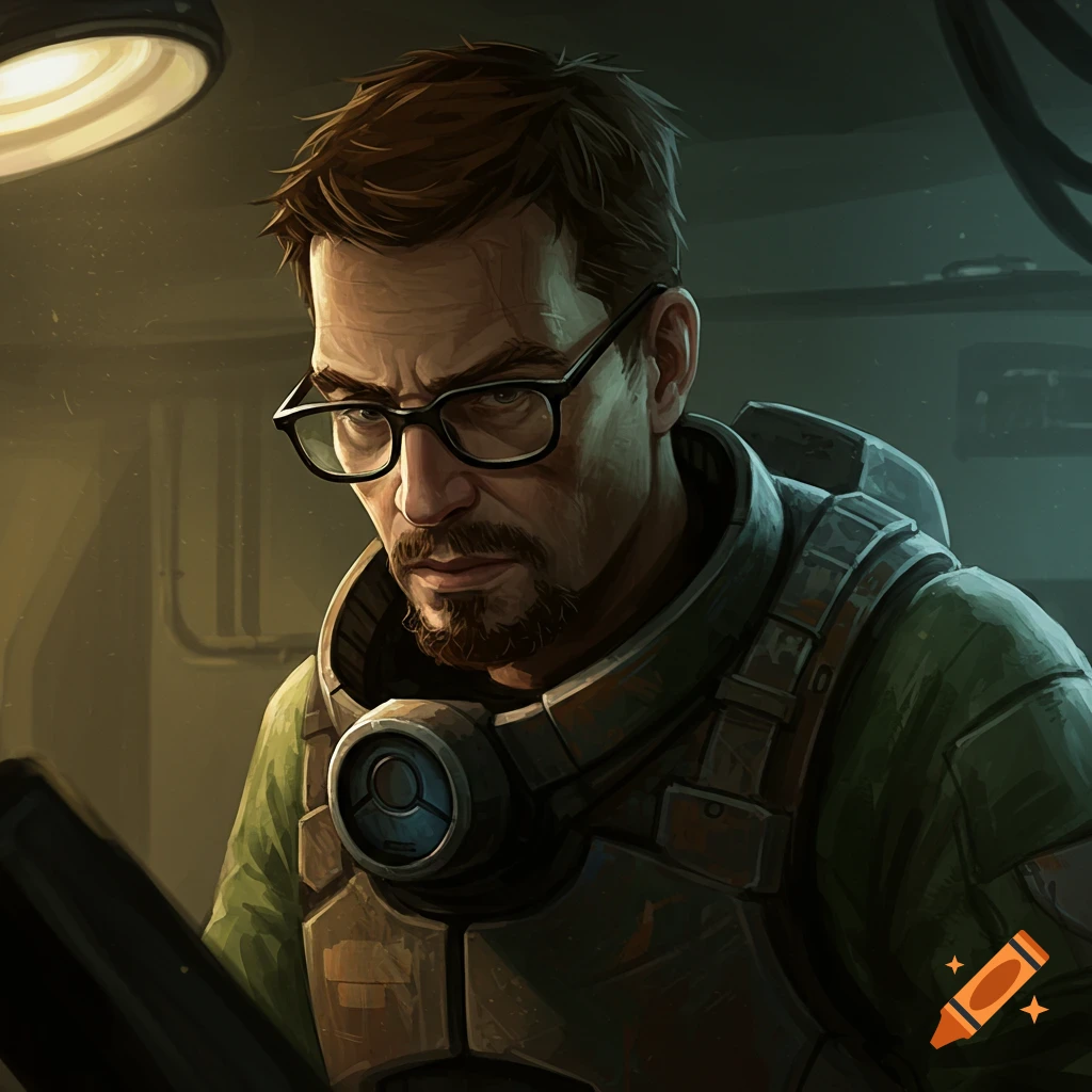 A portrait of a man resembling Gordon Freeman, wearing glasses and a ...