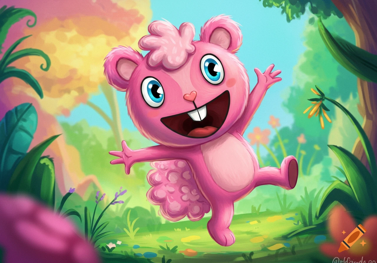 A cheerful pink cartoon beaver with large blue eyes jumping happily in ...