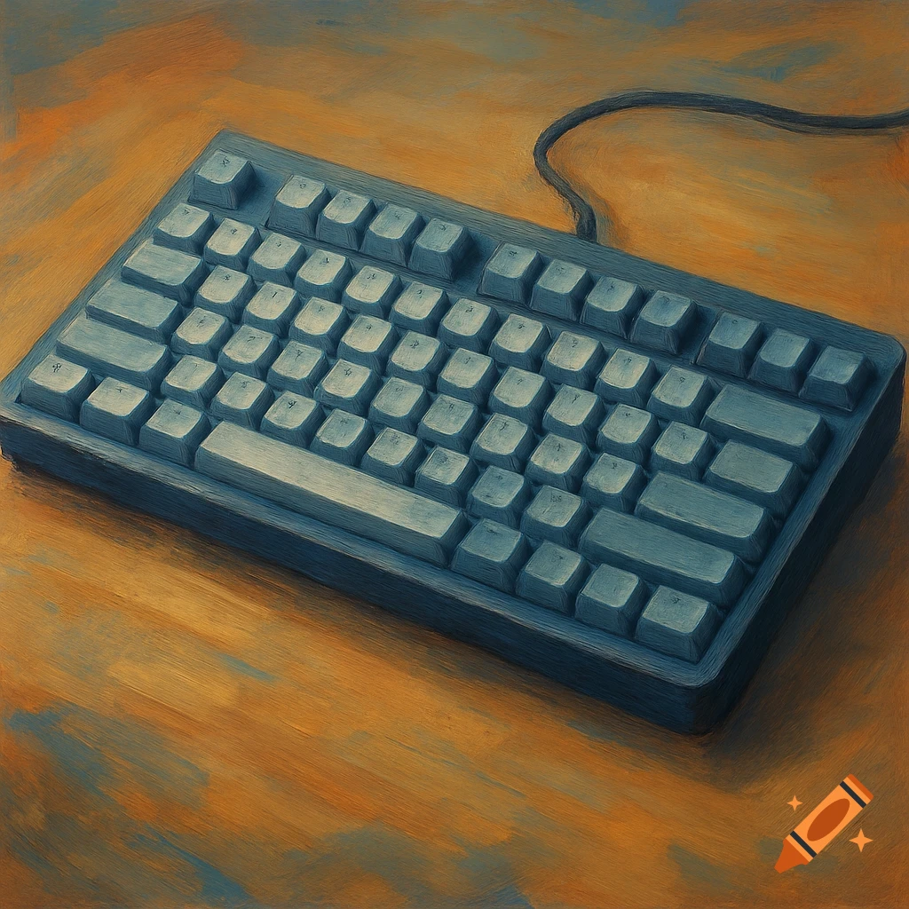 A blue keyboard with illegible keys sits on a textured orange and blue ...