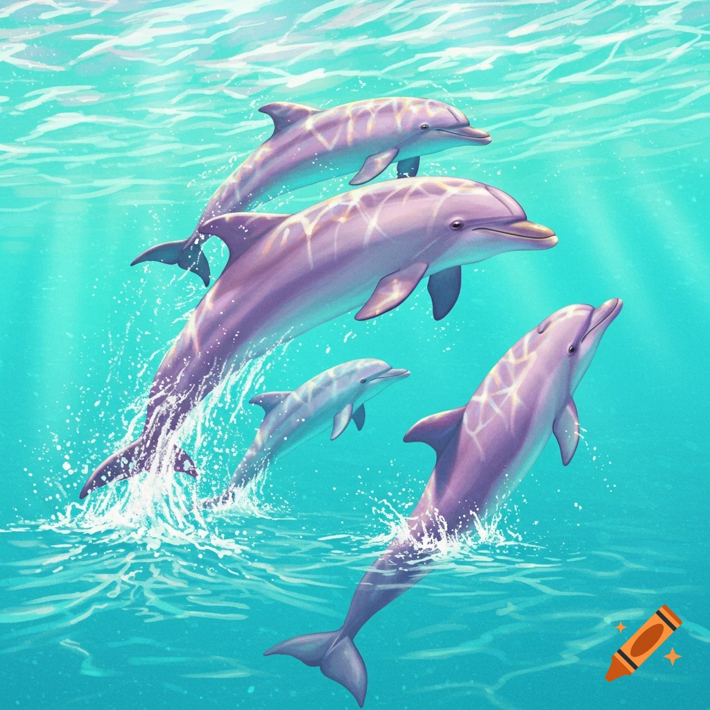 Four stylized purple dolphins leap and swim in clear turquoise ocean ...