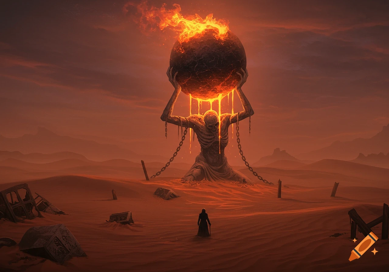 A skeletal, chained figure in a desolate Martian desert lifts a flaming ...