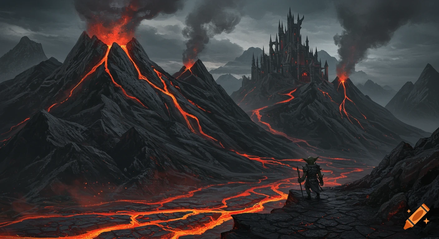 A dark fantasy landscape features towering volcanoes erupting with ...