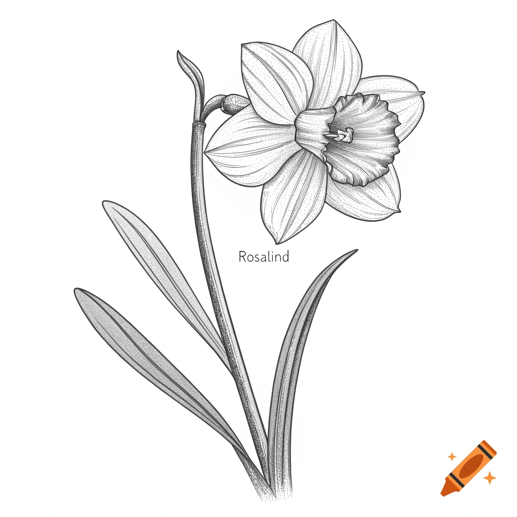 A black and white fine line drawing of a daffodil flower with the word ...
