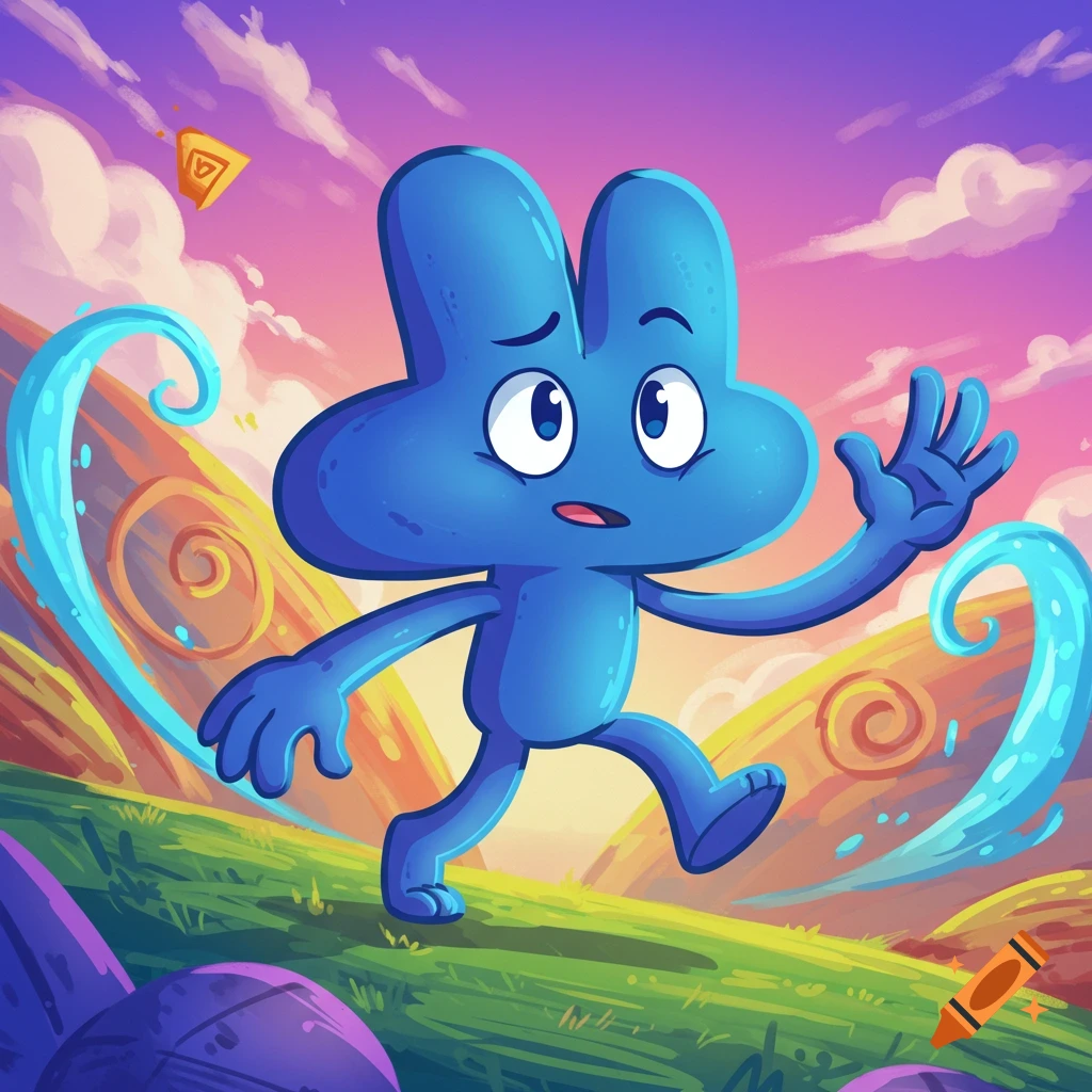 A blue number-four shaped cartoon character with big eyes walks through ...