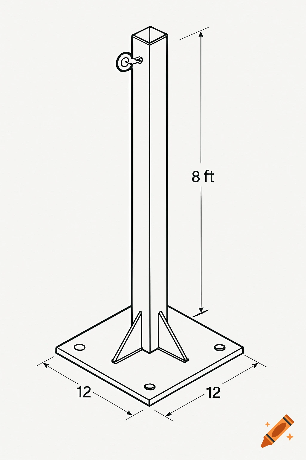 A black and white technical drawing of an 8 ft steel post with a 12x12 ...