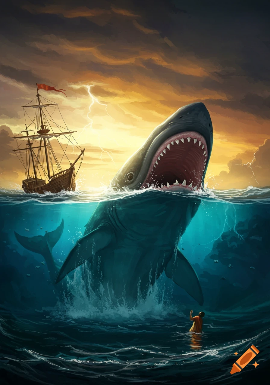 A colossal shark with its mouth open emerges from stormy waters ...