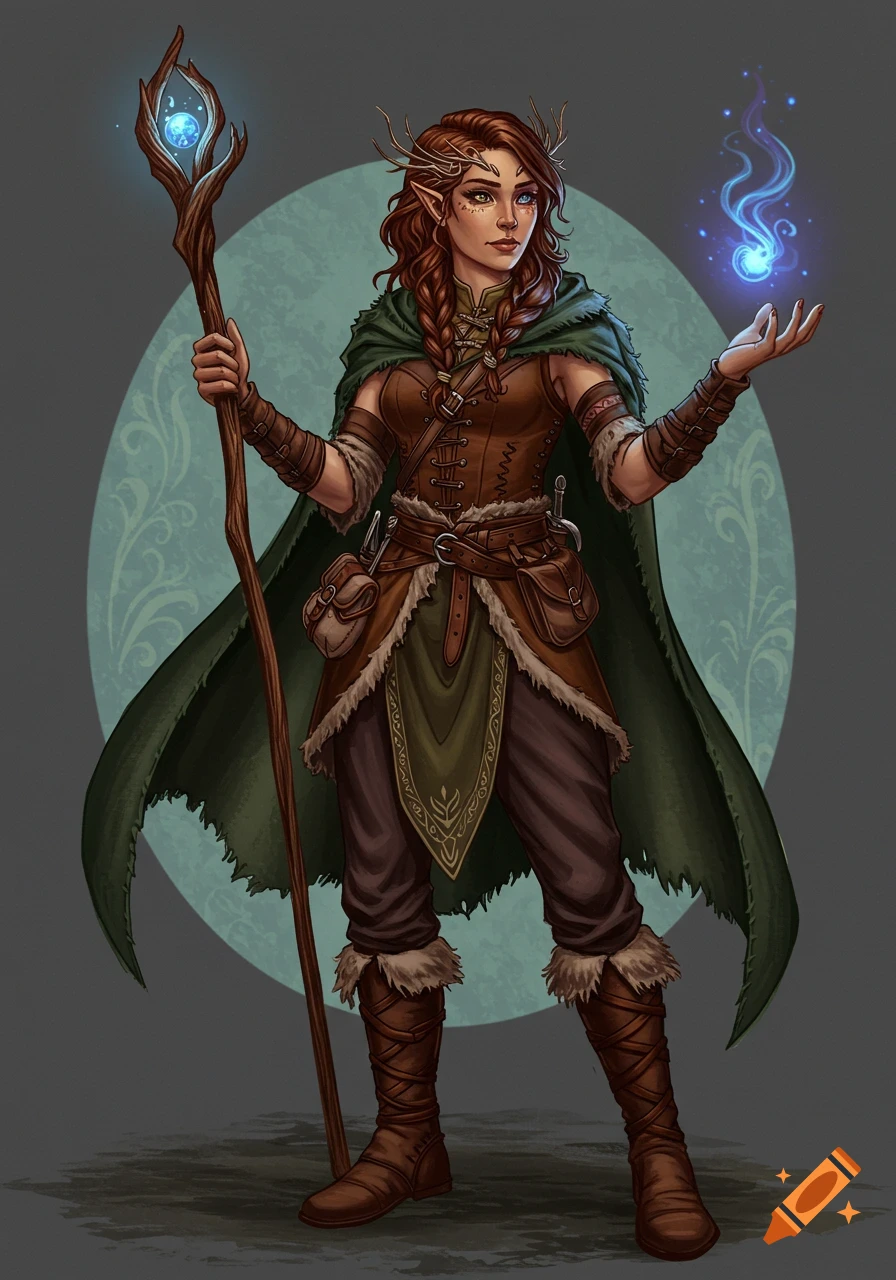 A female druid with red braids, a staff, and glowing blue magic in a ...