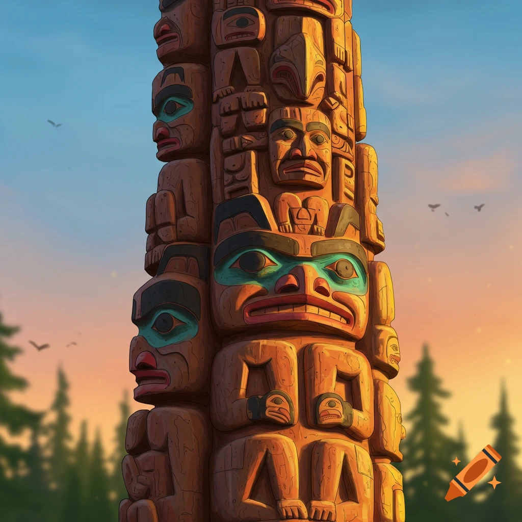 A tall, intricately carved wooden totem pole against a sunset sky with ...