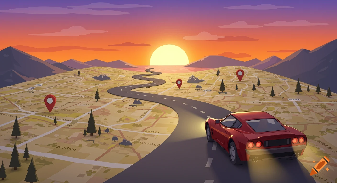 A red car drives on a winding road across a map landscape towards a ...