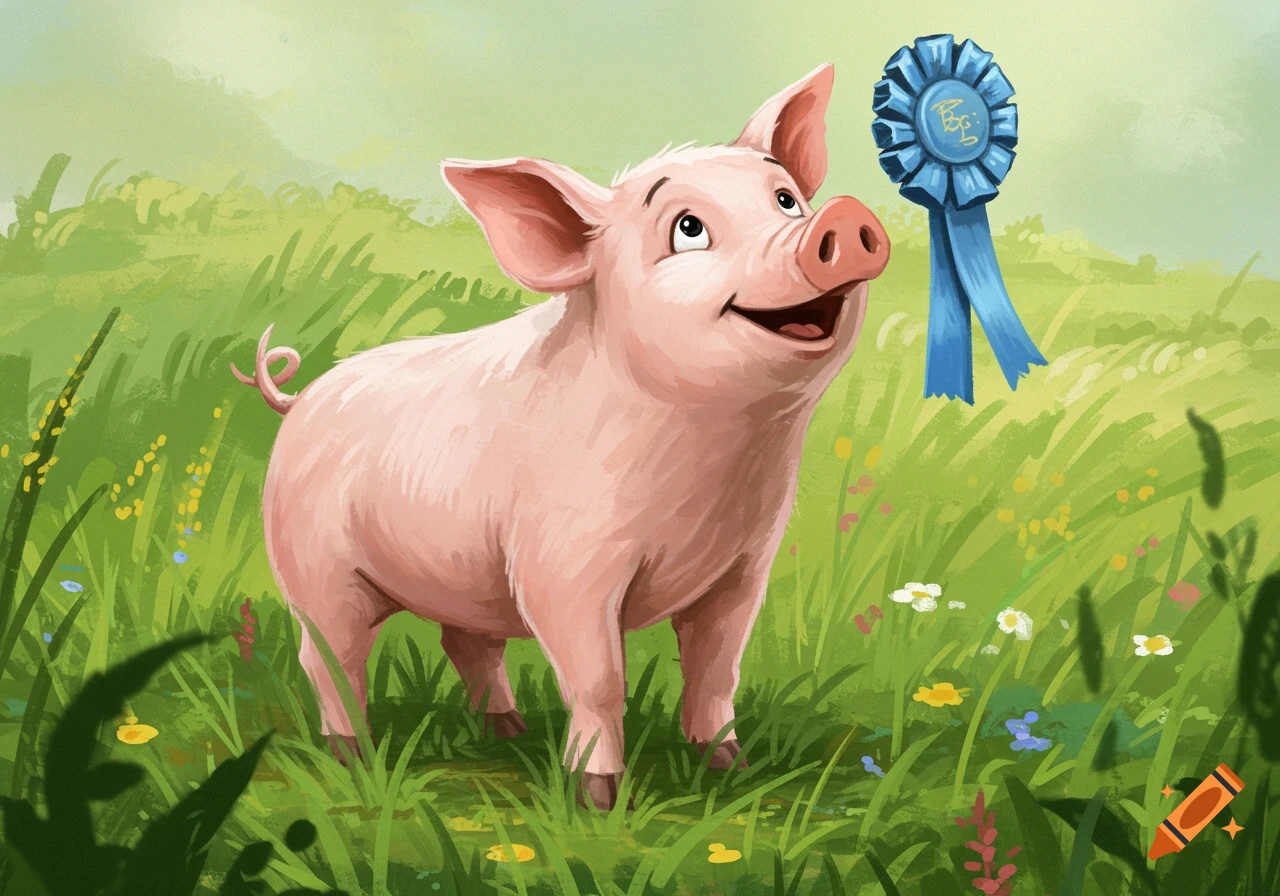 A happy cartoon pig stands in a green grassy field, looking up at a ...
