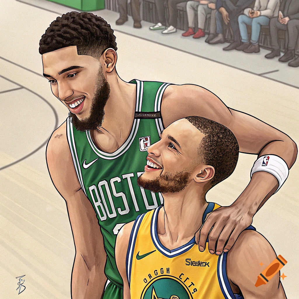 Cartoon illustration of Jayson Tatum with his arm around Stephen Curry ...
