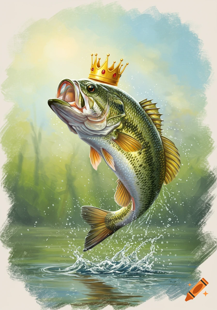 A large mouth bass wearing a gold crown jumps out of the water ...