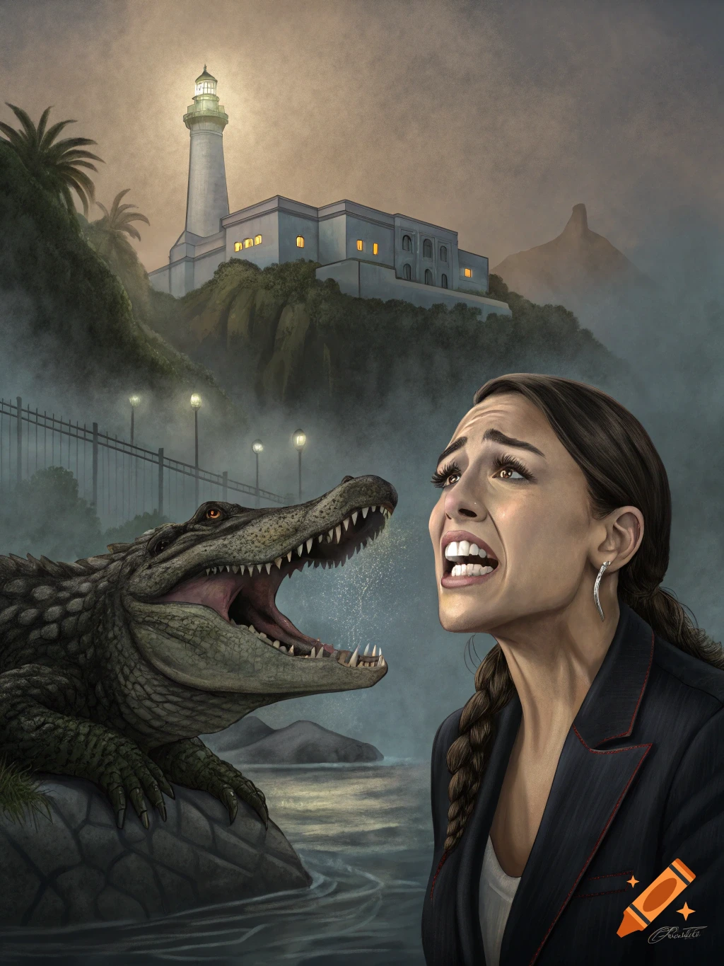 A crying woman (AOC) faces a snapping alligator by a misty waterfront ...