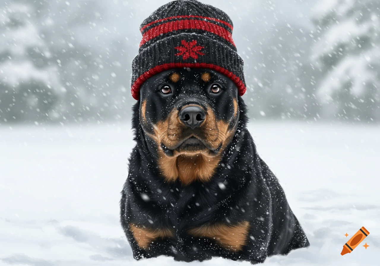 A photorealistic Rottweiler dog wearing a black and red striped beanie ...