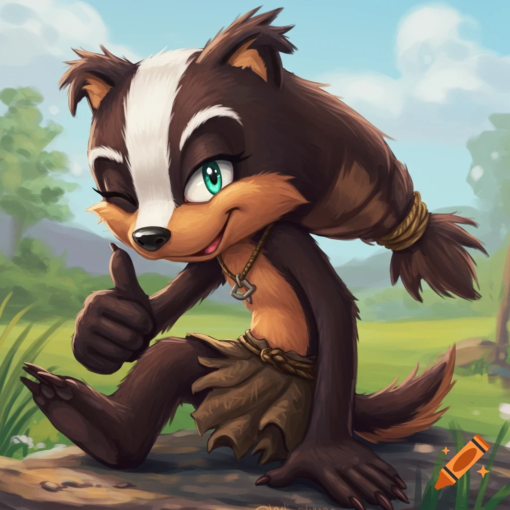 A smiling cartoon badger with green eyes winks and gives a thumbs up ...