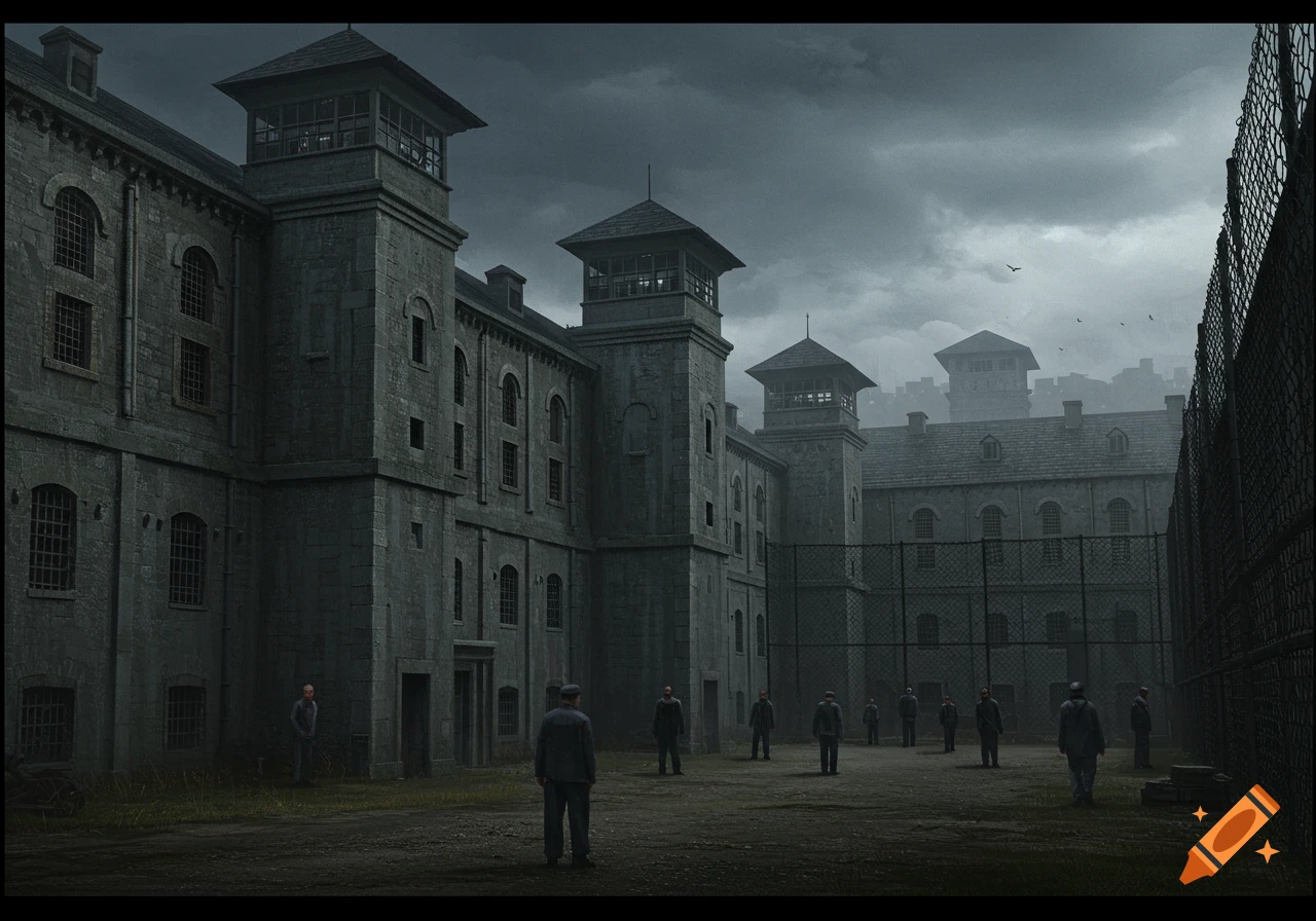 A grim, photorealistic image of a prison courtyard under a cloudy sky ...