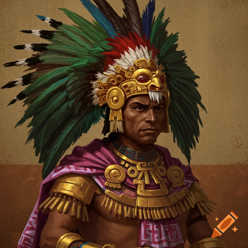 Portrait of a man in an elaborate Aztec-style feathered headdress and ...