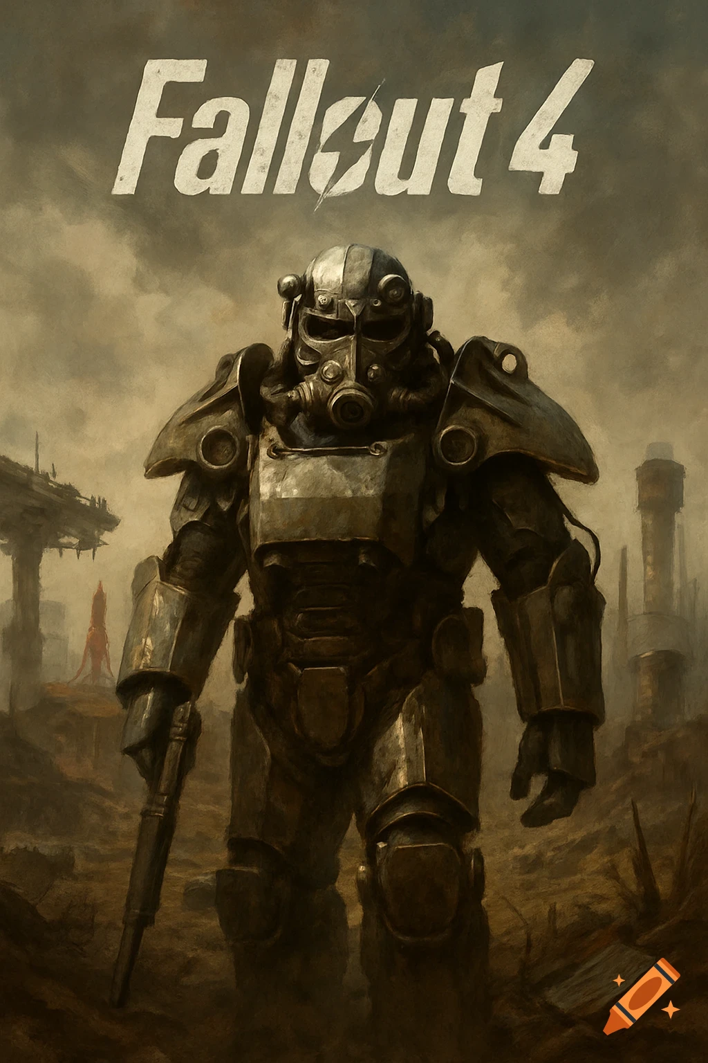 A power-armored soldier from Fallout 4 stands in a post-apocalyptic ...