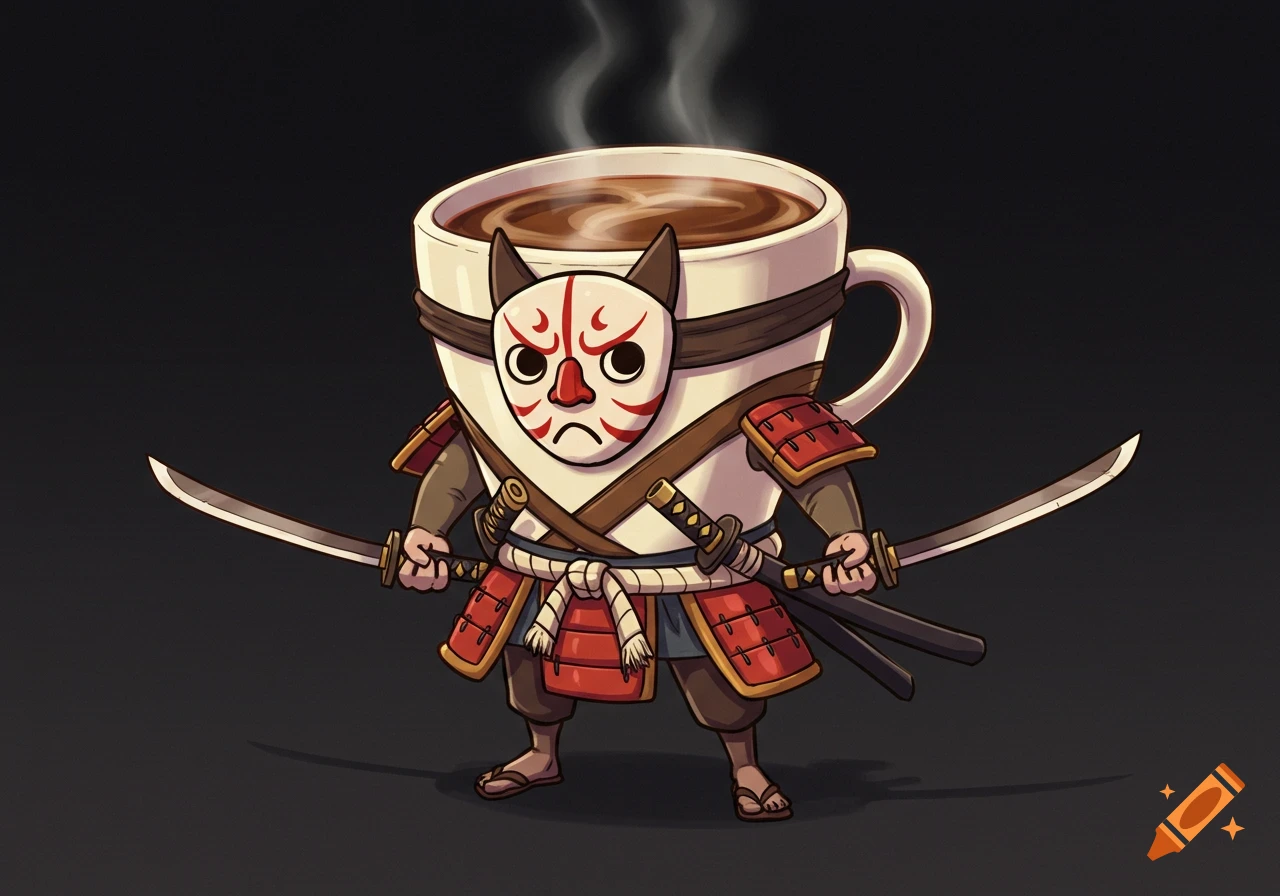 A cartoon coffee cup dressed as a samurai warrior, wearing a mask and ...