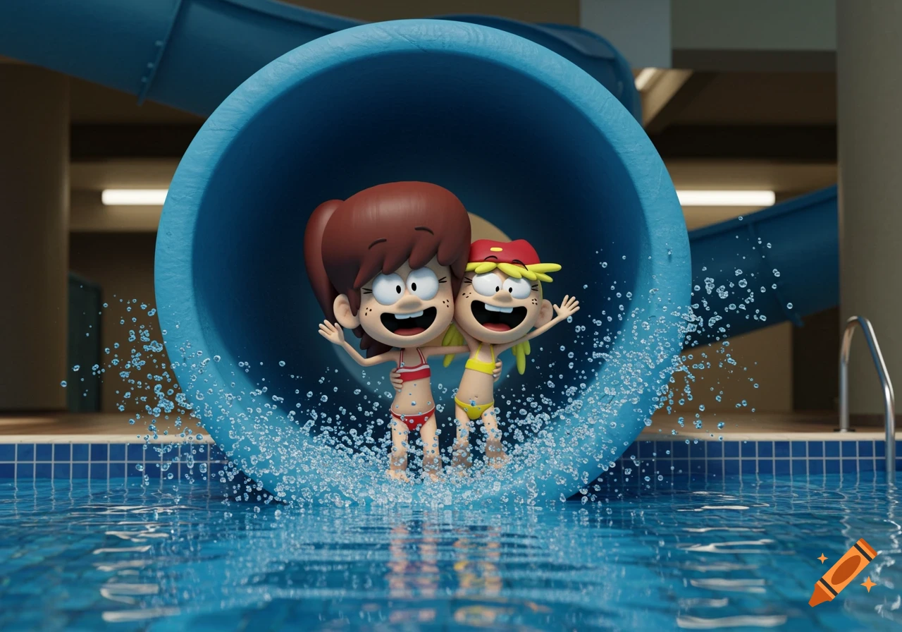 3D animated render of Lynn and Lana Loud on a waterslide, splashing ...