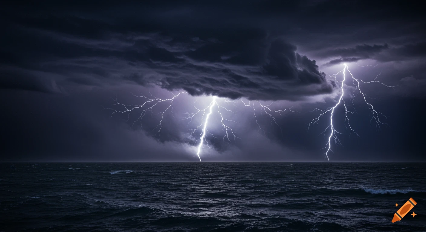 A dramatic photorealistic image of a thunderstorm over a dark, turbulent ocean with multiple ...