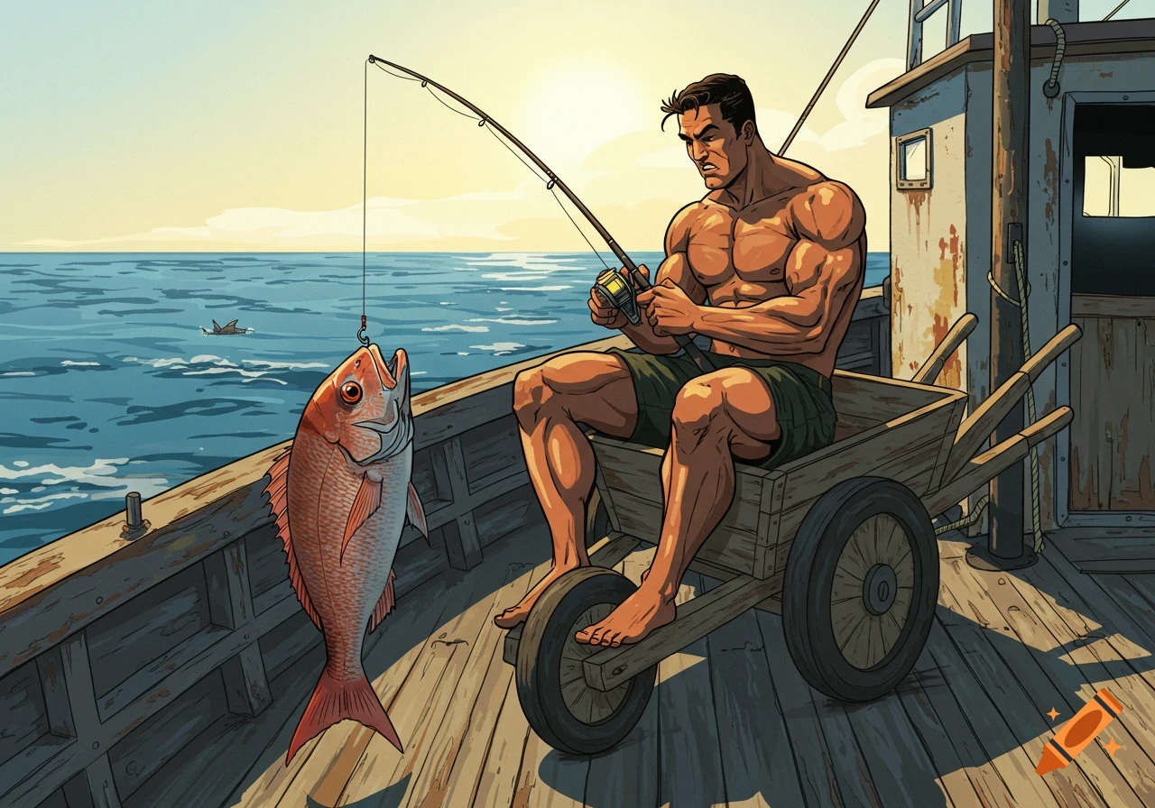 Muscular man fishing for a red snapper on a boat deck, illustrated in a ...