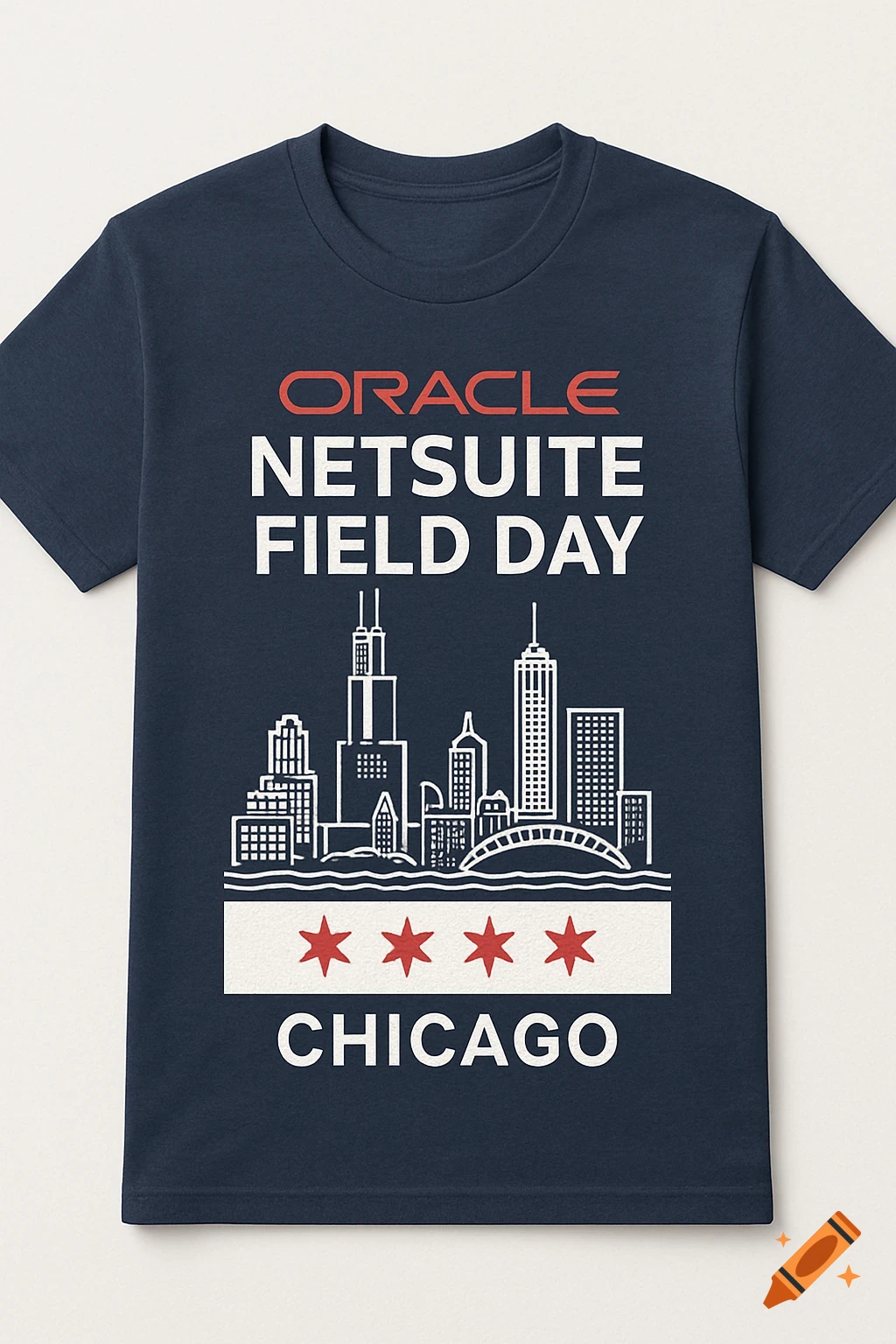 A dark blue t-shirt featuring 'ORACLE NETSUITE FIELD DAY' text, a white ...