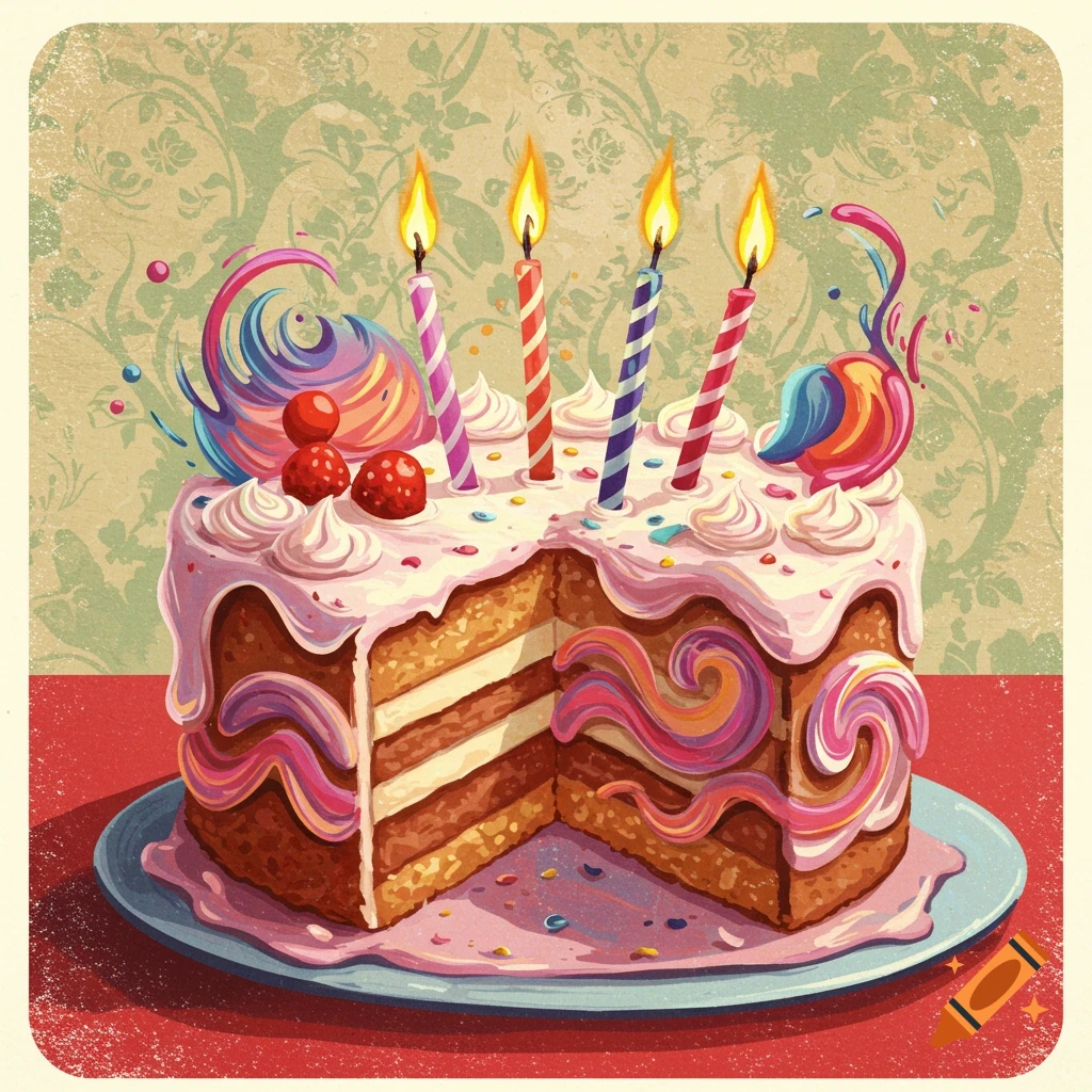 A retro-style birthday cake with a slice removed, four lit candles, and ...