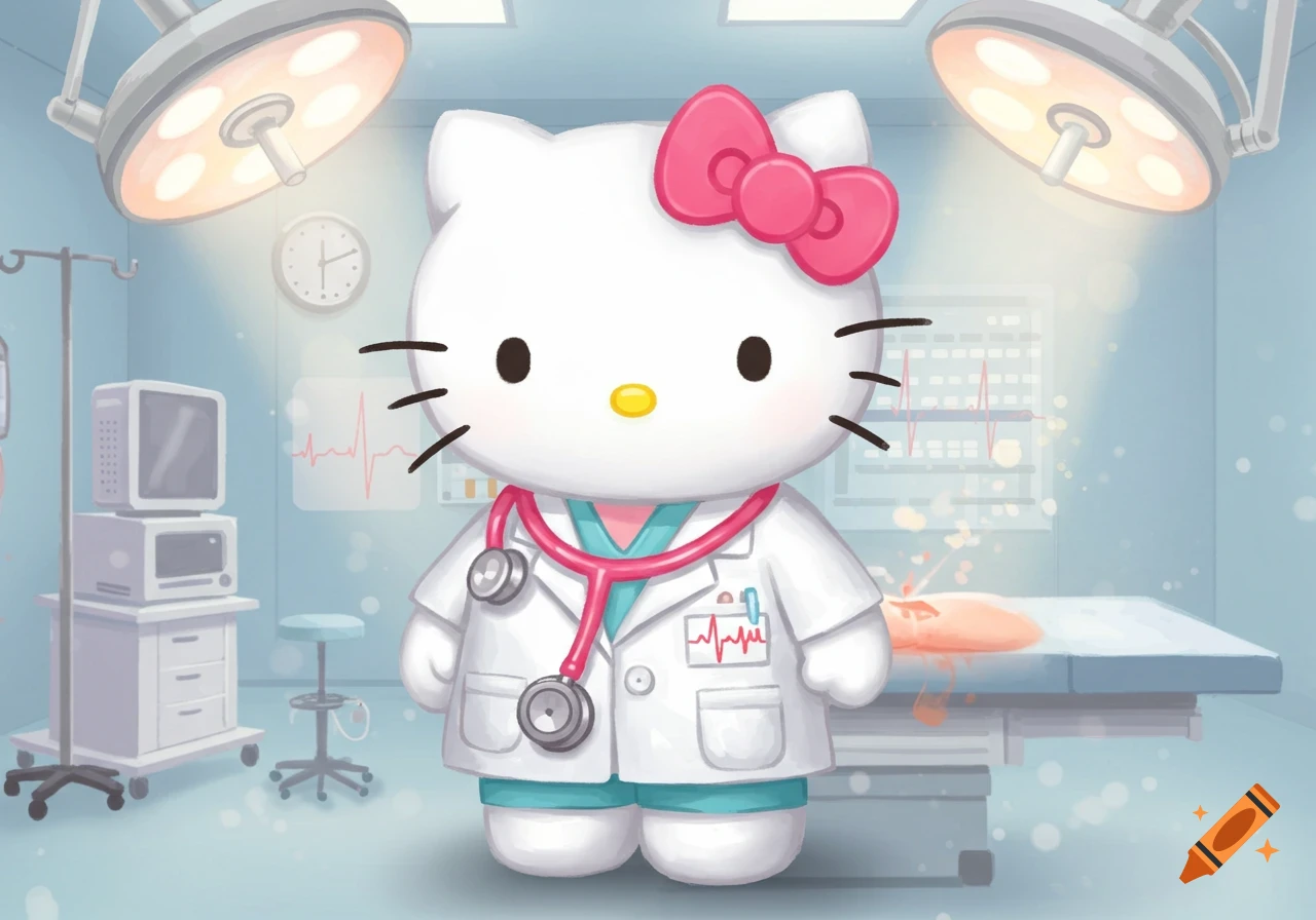 Hello Kitty cartoon character dressed as a doctor in a medical ...