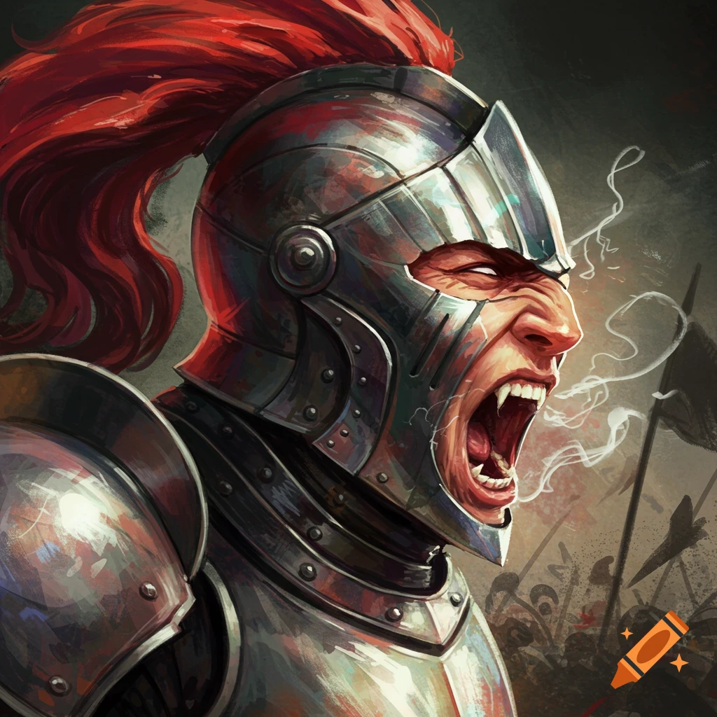 A close-up, dramatic illustration of a knight in polished armor with a ...