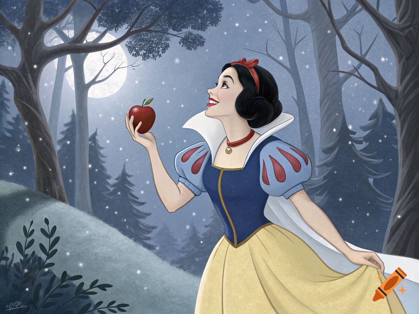 Snow White holds a red apple in a dark, moonlit forest, looking up ...