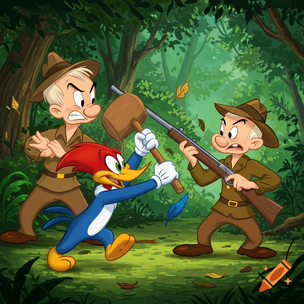 Woody Woodpecker brandishing a mallet at two angry hunters, one holding ...