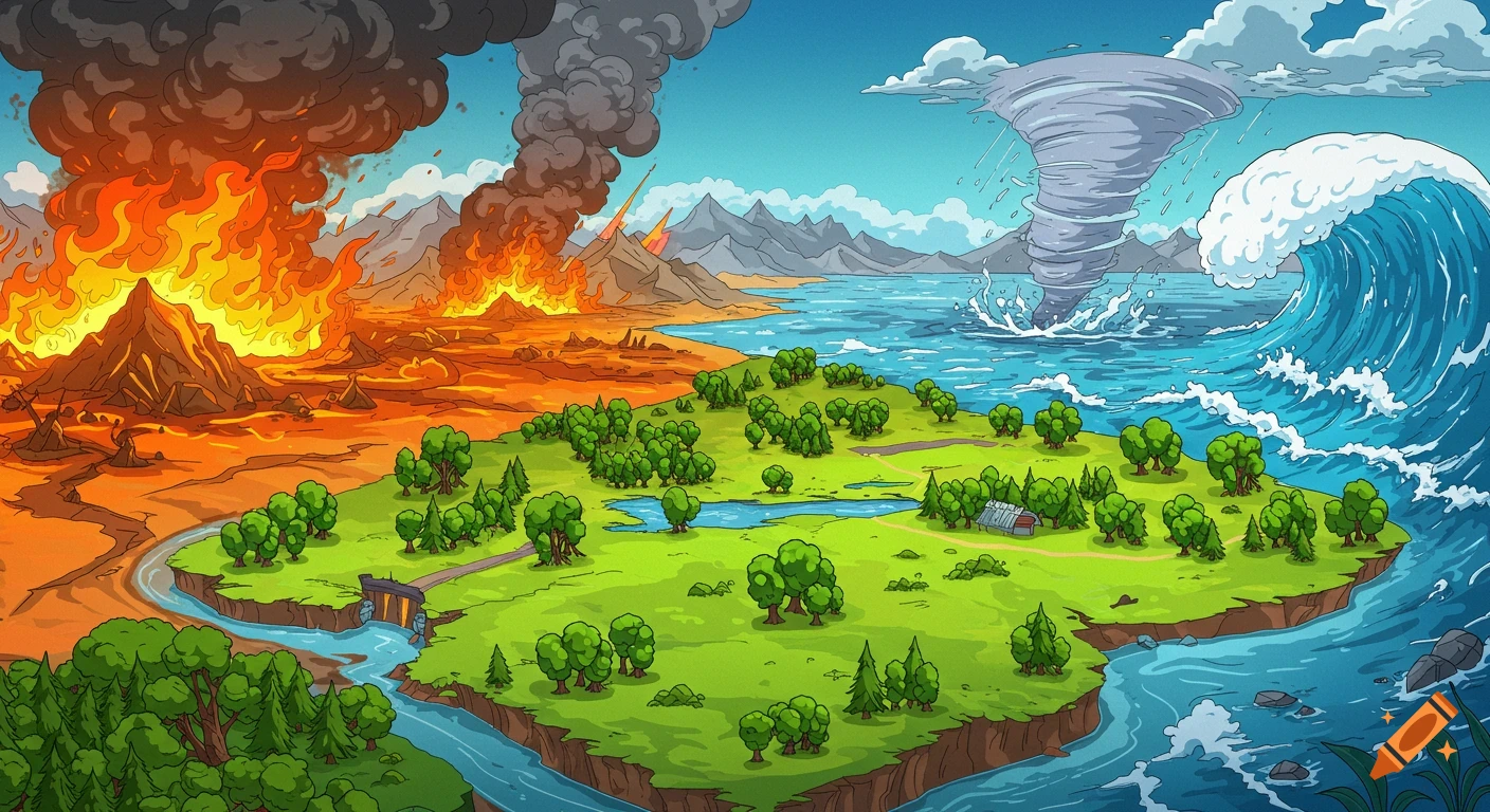 Cartoon landscape depicting natural disasters (fire, volcano, tornado ...