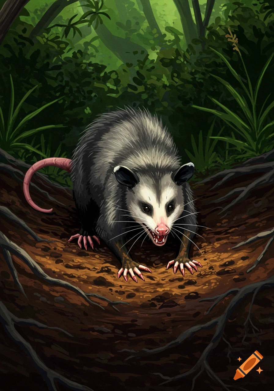 A snarling possum with pink claws and tail stands on dark earth among ...