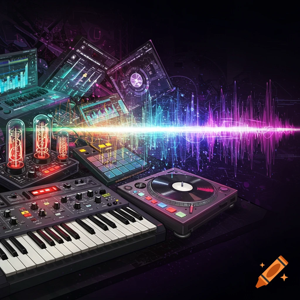 A vibrant digital art image featuring electronic music instruments like ...