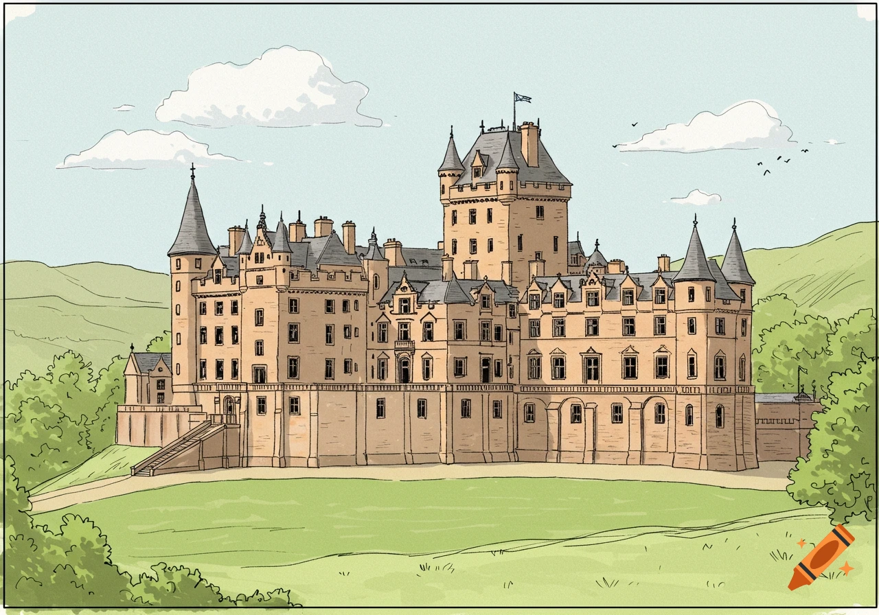 A detailed line drawing of a large, ornate Scottish castle with ...
