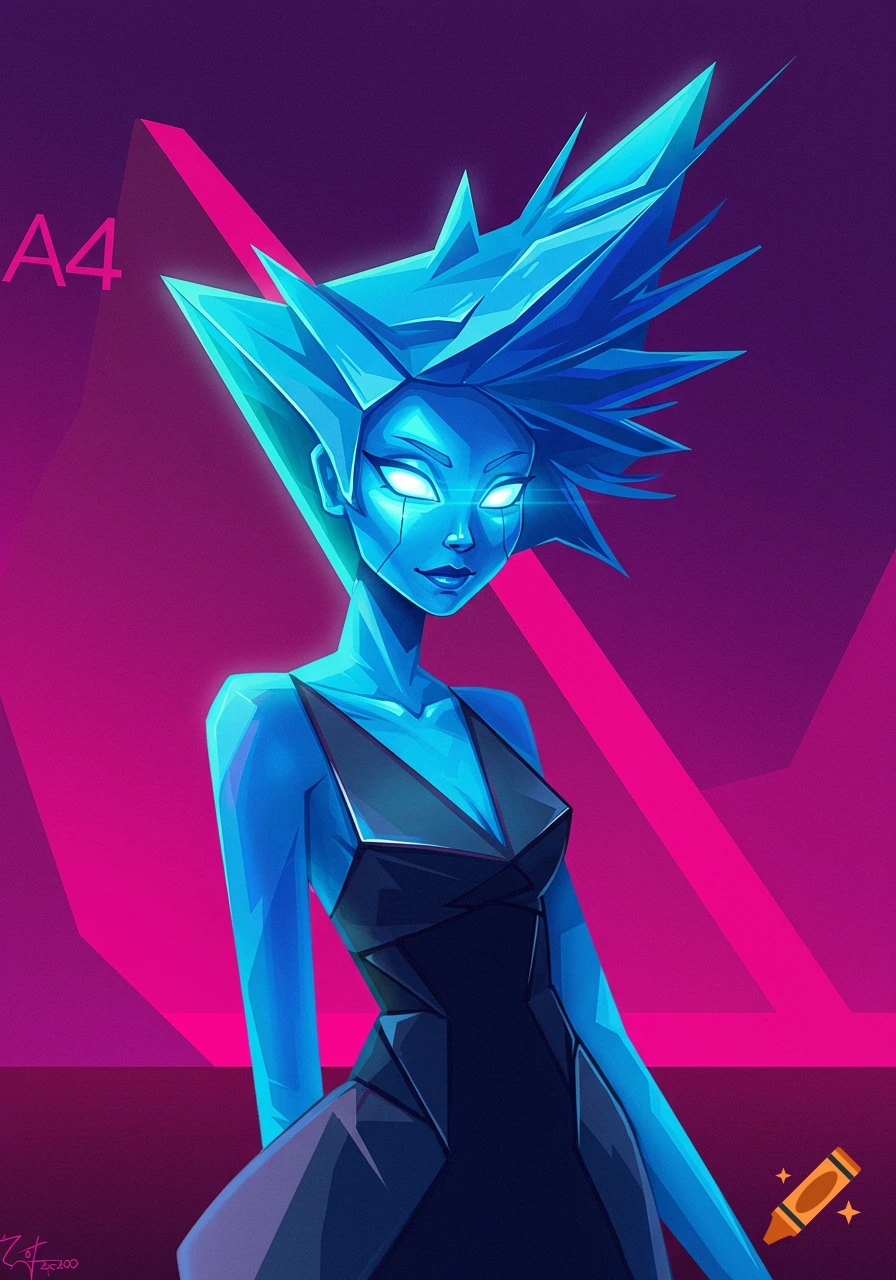 A stylized character with a sharp, angular, crystalline blue body and ...