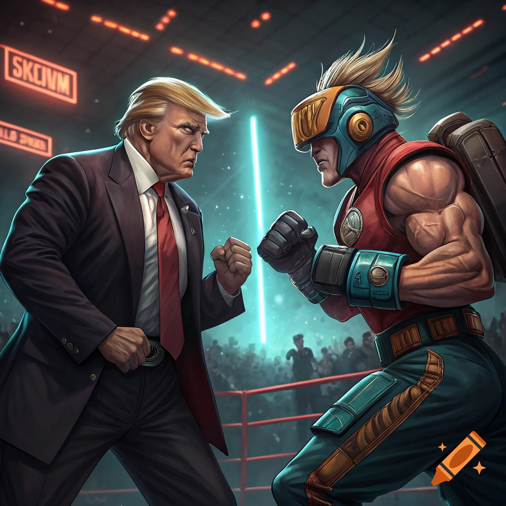 Donald Trump and a muscular, helmeted character face off in a boxing ...