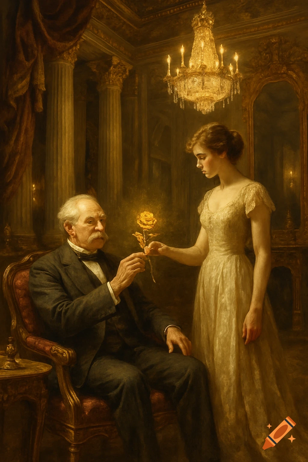 A classical painting of a young woman offering a glowing golden rose to an older man in an ...