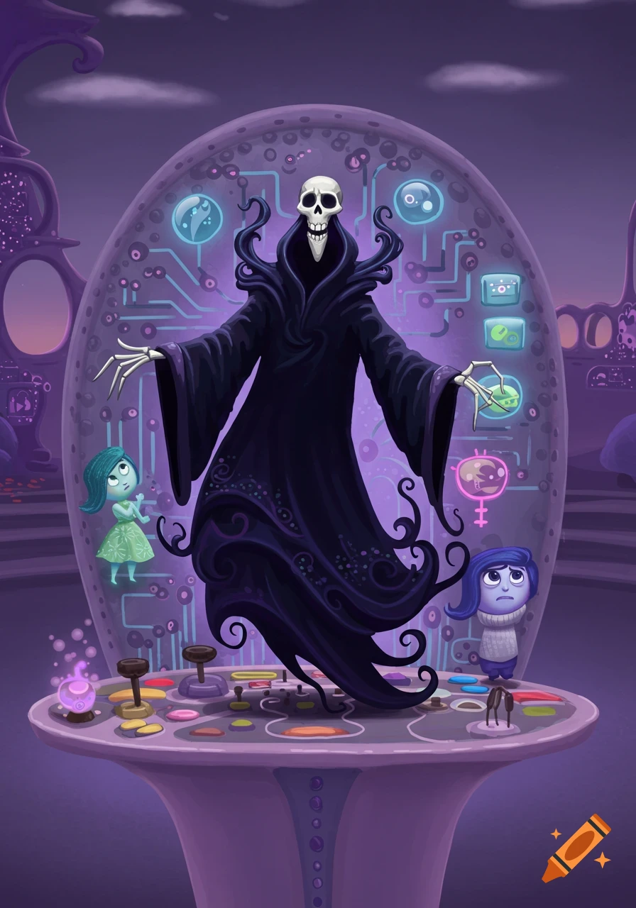 Cartoon skeletal Death figure in a black robe at a console with Inside ...
