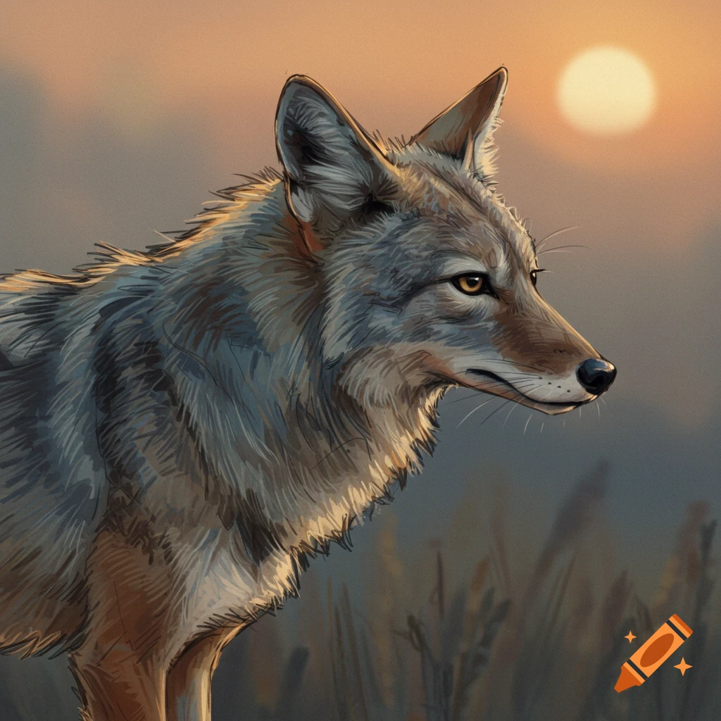 A stylized illustration of a coyote looking right, lit by a setting sun ...