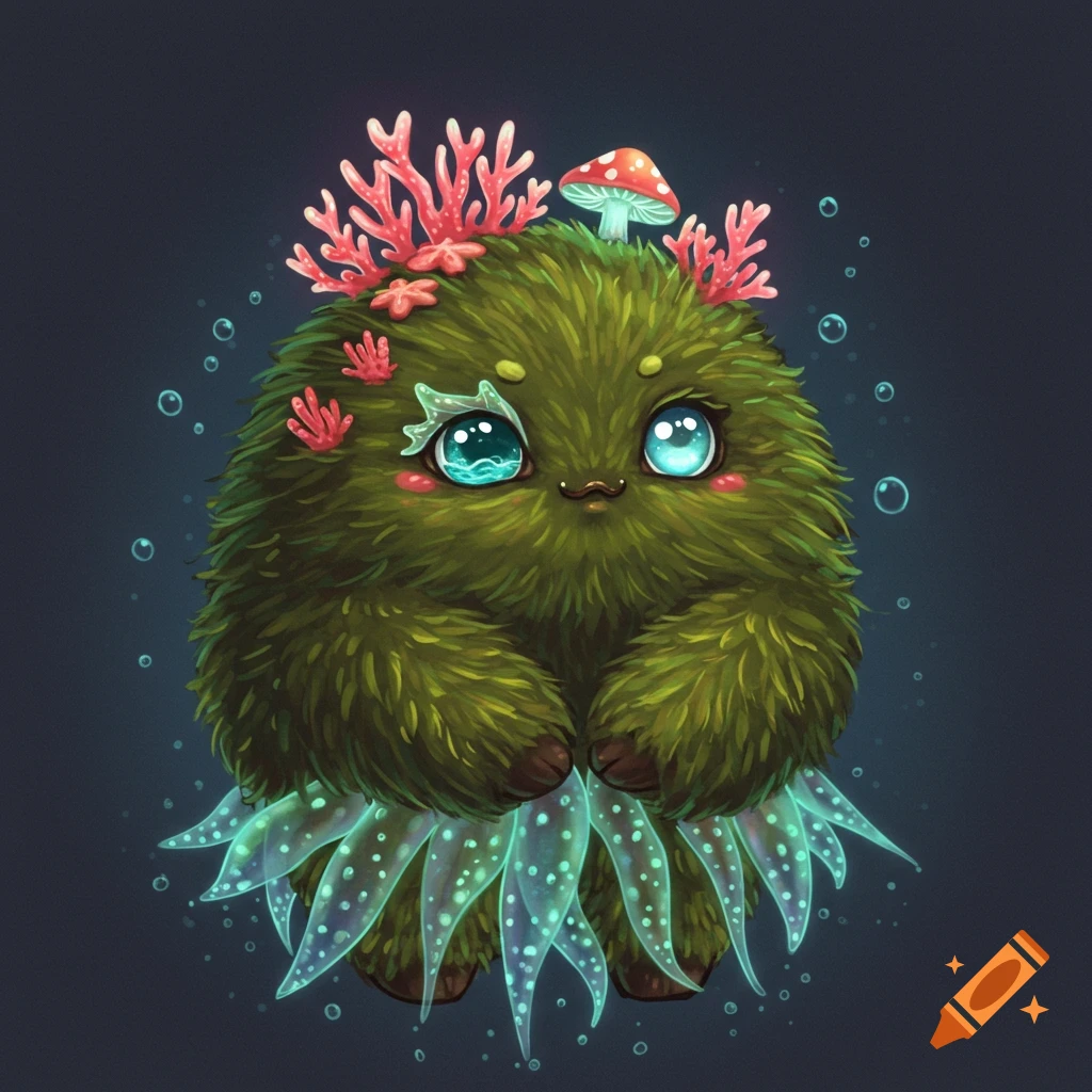 A cute, fluffy moss-covered creature with big blue eyes, pink coral, a ...